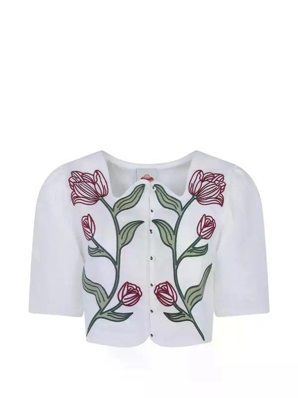 Farm Rio Embroidered Puff Sleeve Cropped Top - White