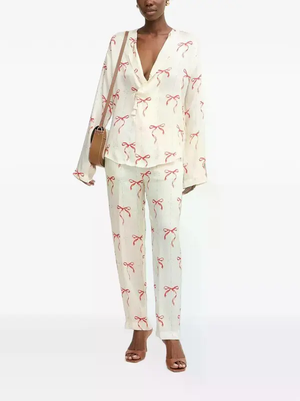FORTE_FORTE Le Noeud D'argent Cream White Bow Print Drawstring Trousers