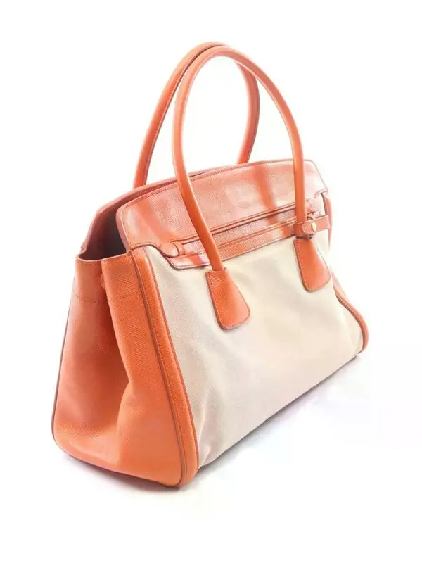 Prada Bicolor Saffiano Leather Trimmed Canvas Satchel - Neutrals