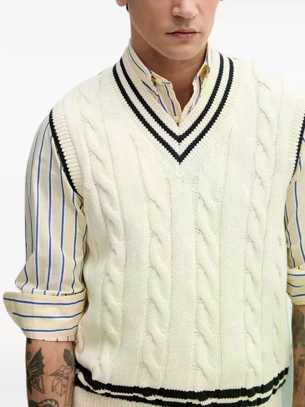 BENETTON Cable-knit V-neck Vest With Striped Trim