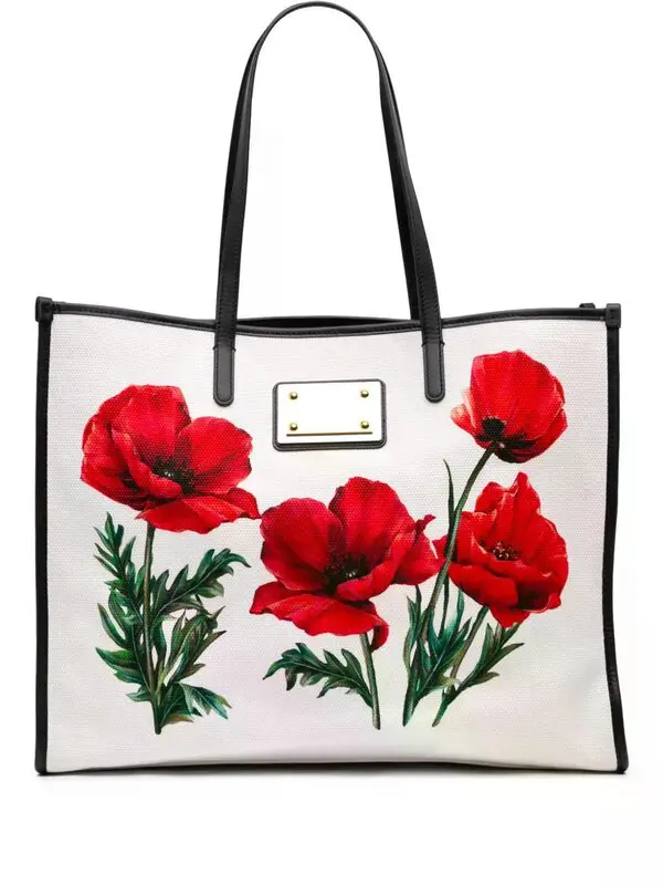 Dolce & Gabbana Canvas Floral Print Tote Bag - White