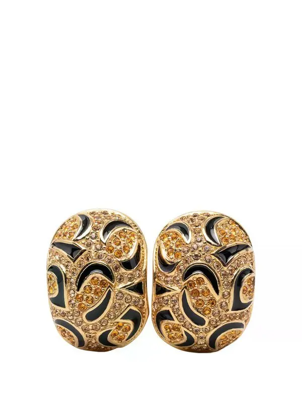 Dior Plated Enamel Crystal Clip-on Oval Earrings - Gold