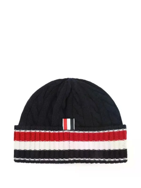 Thom Browne Cable-knit Beanie Hat With Stripe Detail - Blue