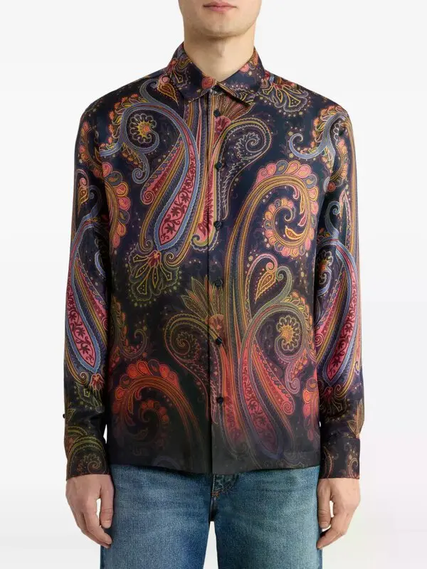 Etro Silk Twill Shirt With Placed Degradé Paisley-print - Blue
