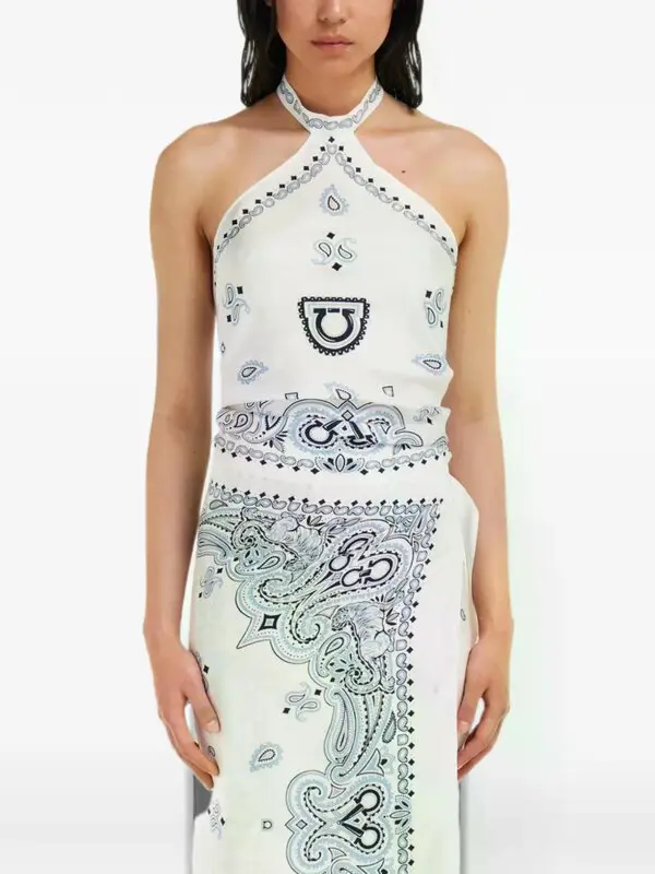 FERRAGAMO Silk Arabesque Print Halter Neck Foulard Top