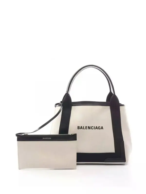 Balenciaga Canvas Navy Cabas S Tote Bag - White