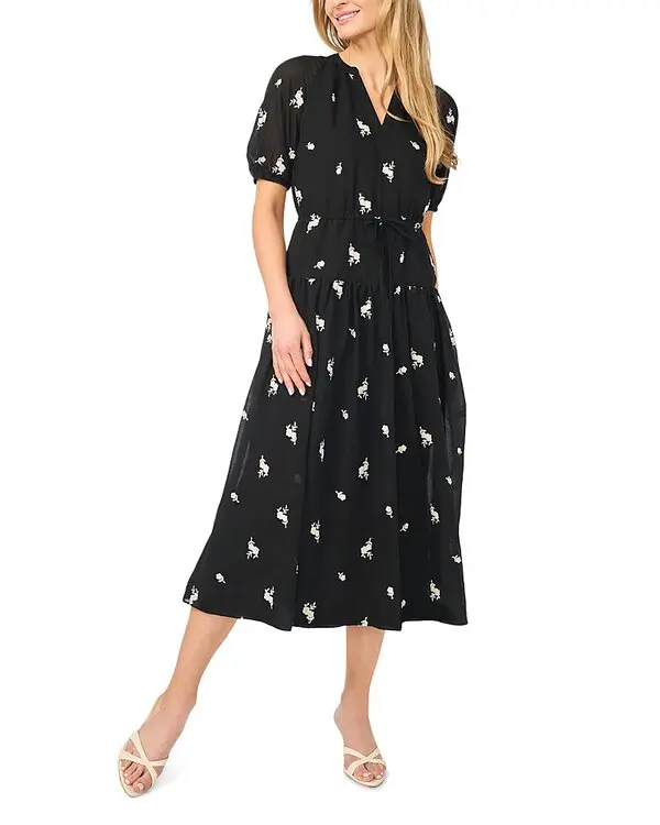 CECE DUPRAZ Embroidered Puff Sleeve Tie Waist Midi Dress