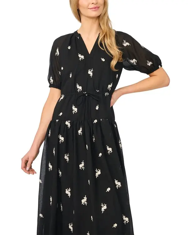 CECE DUPRAZ Embroidered Puff Sleeve Tie Waist Midi Dress