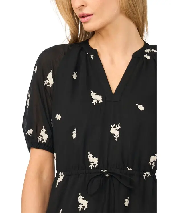CECE DUPRAZ Embroidered Puff Sleeve Tie Waist Midi Dress