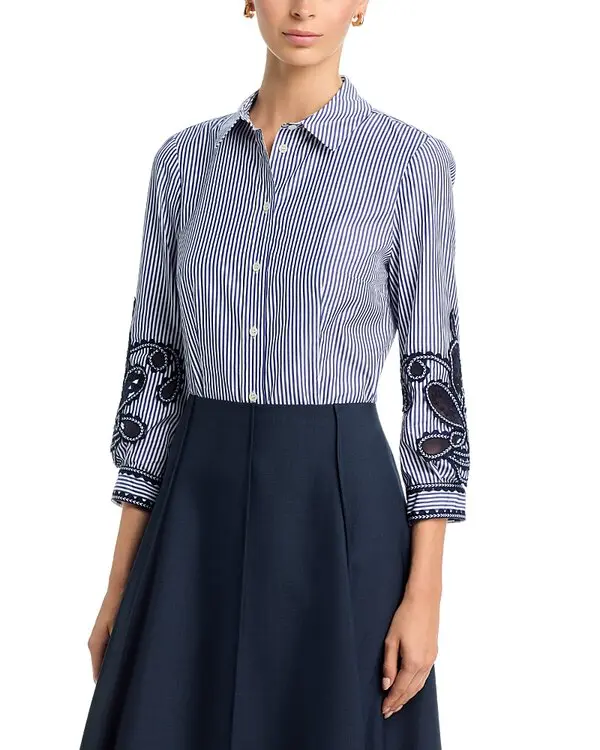 Carolina Herrera Ana Embroidered Sleeve Cotton Shirt - White/blye