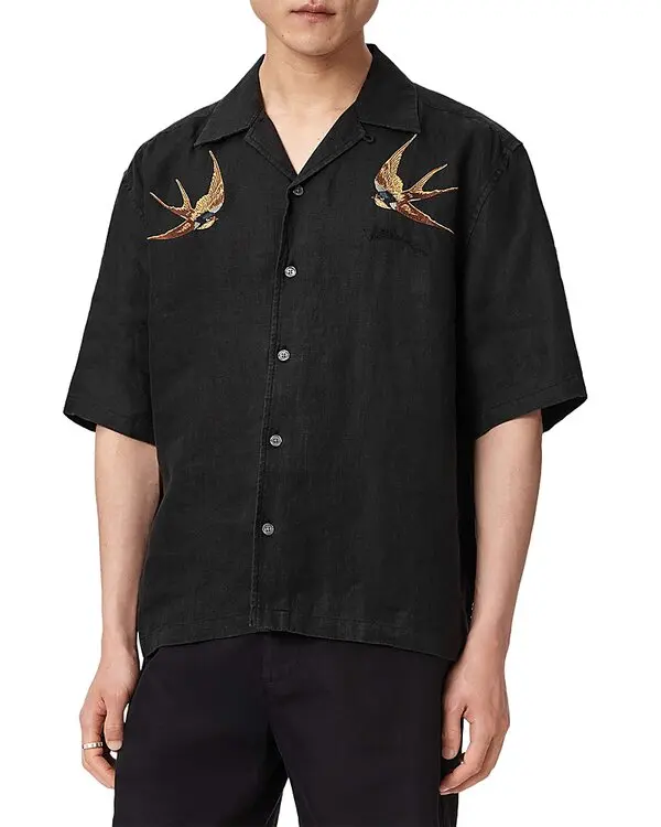 ALLSAINTS Avia Embroidered Swallows Linen Shirt - Orca Black
