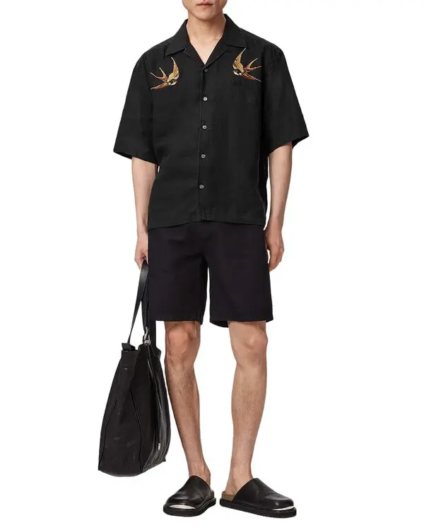ALLSAINTS Avia Embroidered Swallows Linen Shirt - Orca Black