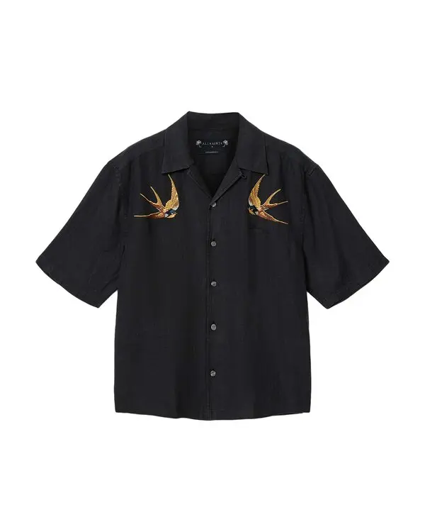 ALLSAINTS Avia Embroidered Swallows Linen Shirt - Orca Black