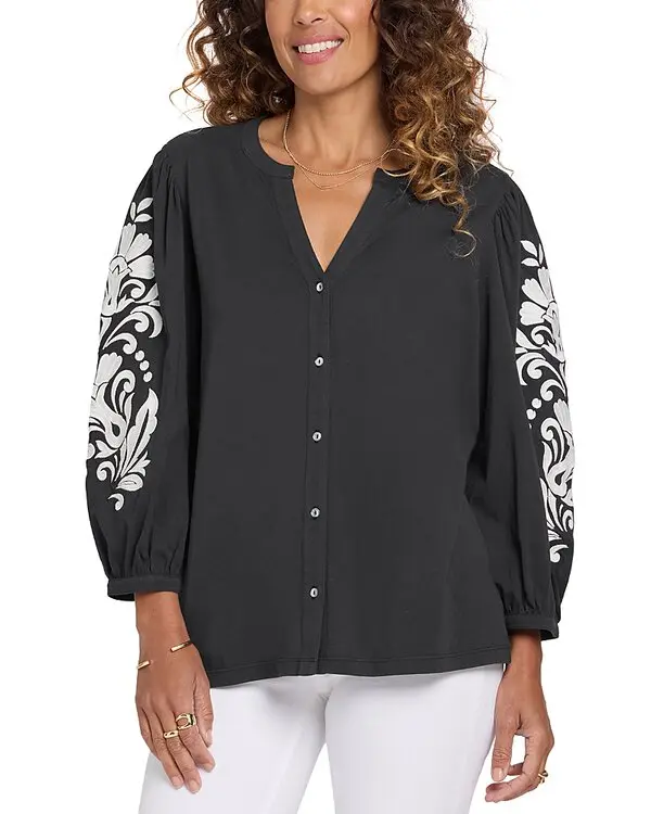 NYDJ Embroidered Sleeve Split Neck Blouse