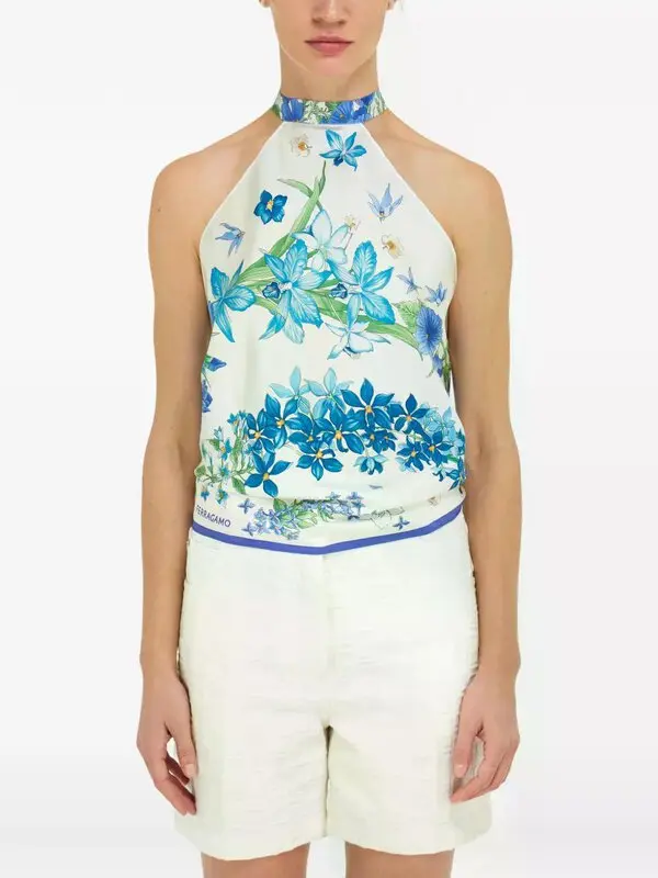 FERRAGAMO Silk Foulard Halter Top With Floral Print - White