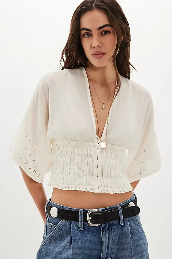 Free People Ester Blouse With Plunge Neckline And Eyelet Details
