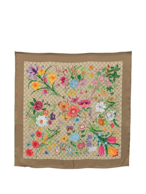 Gucci Flora Print Silk Scarf - Shellbrwon