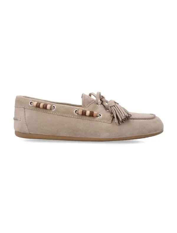 Miu Miu Mini Tassel Loafers In Aged Suede - Desert