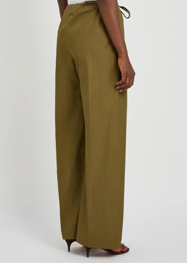 Another Tomorrow Drawstring Straight-leg Cotton-poplin Trousers - Dark Green