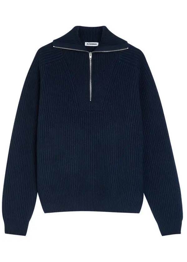 JIL SANDER High-neck Zip-up Ribbed Wool Jumper