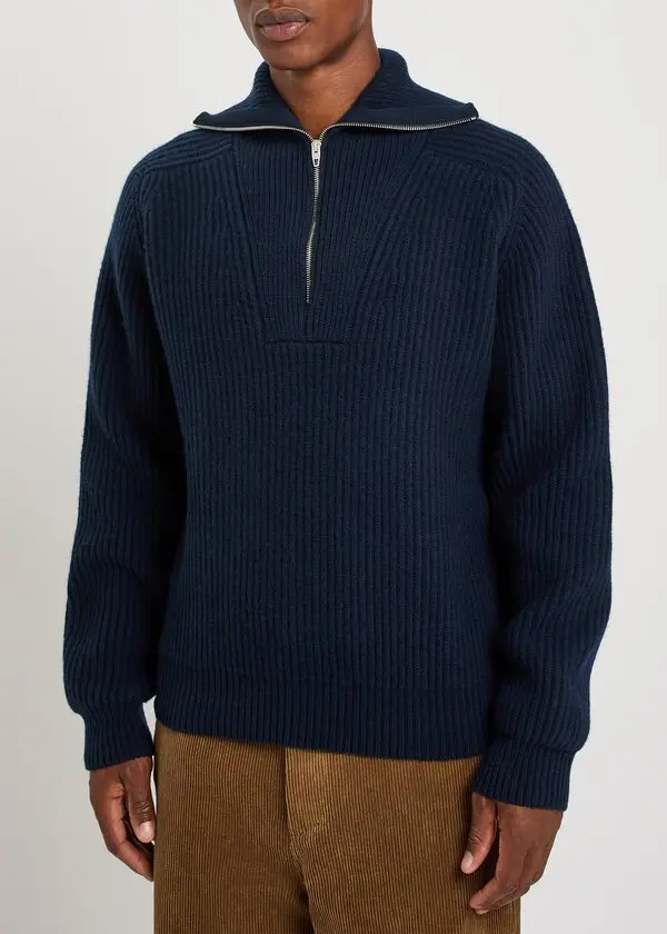 JIL SANDER High-neck Zip-up Ribbed Wool Jumper
