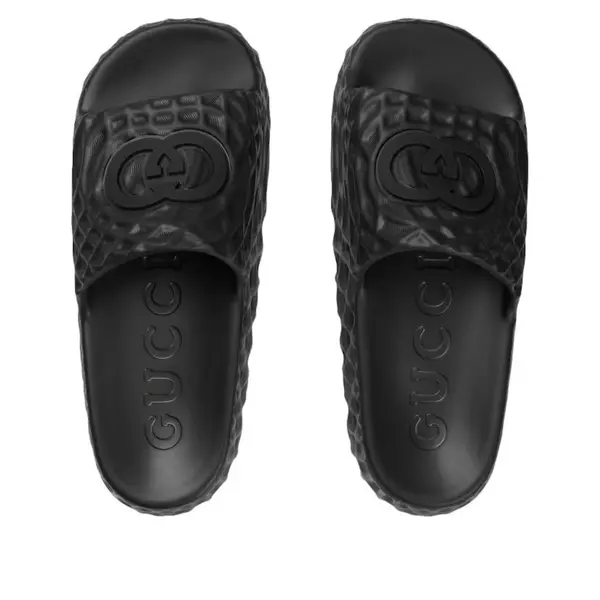 Gucci Water Ripples Slides With Interlocking G Detail - Black