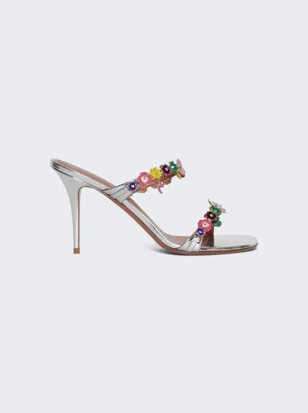 Amina Muaddi Vittoria Slipper Sandal In Mirror With Floral Embellishments - Silver