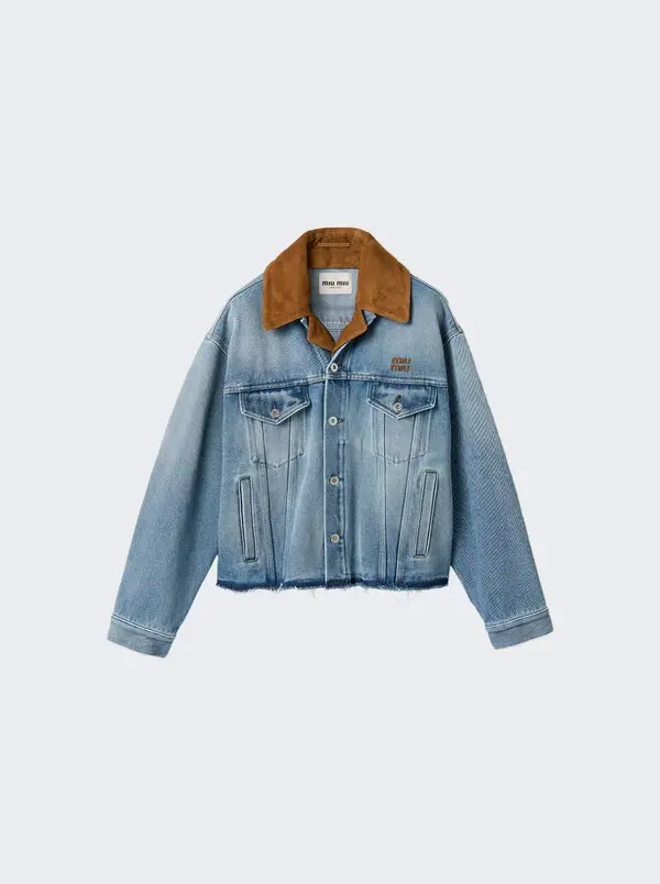 Miu Miu Washed Denim And Suede Blouson Jacket - Blue