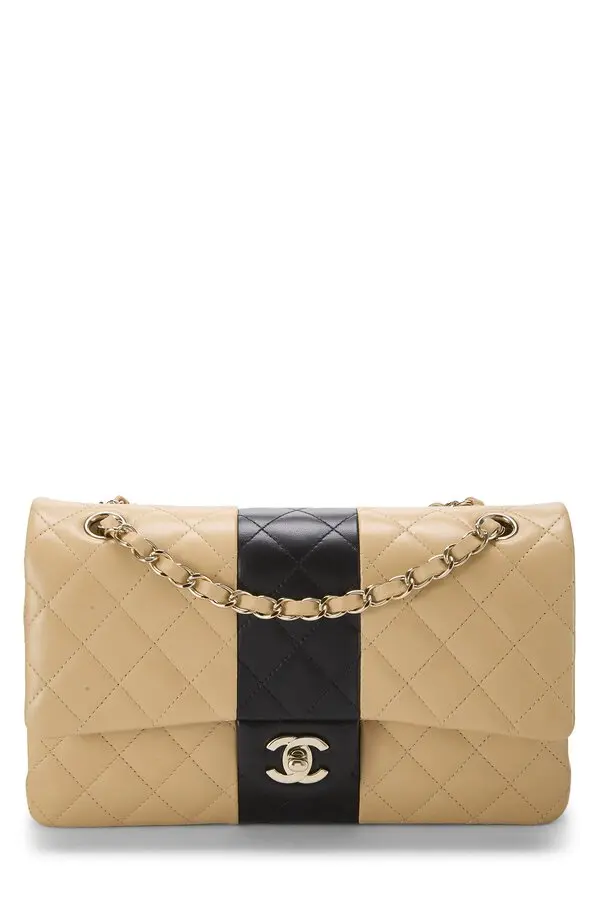 Chanel Black Quilted Lambskin Classic Double Flap Medium Shoulder Bag - Beige
