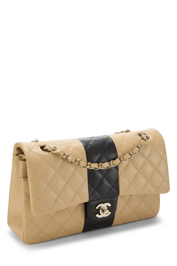 Chanel Beige & Black Quilted Lambskin Classic Double Flap Medium