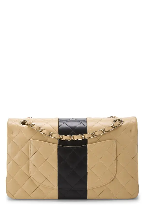 Chanel Beige & Black Quilted Lambskin Classic Double Flap Medium
