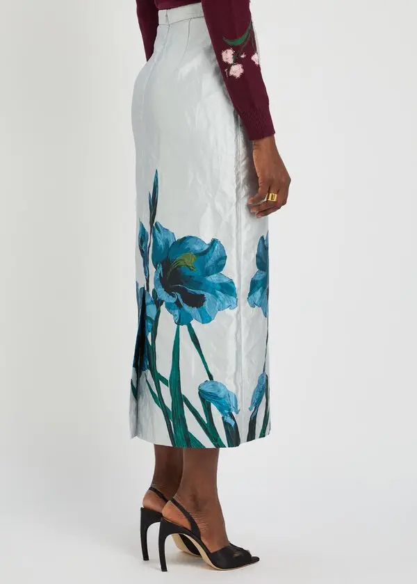 Erdem Floral-print Textured Satin Midi Skirt