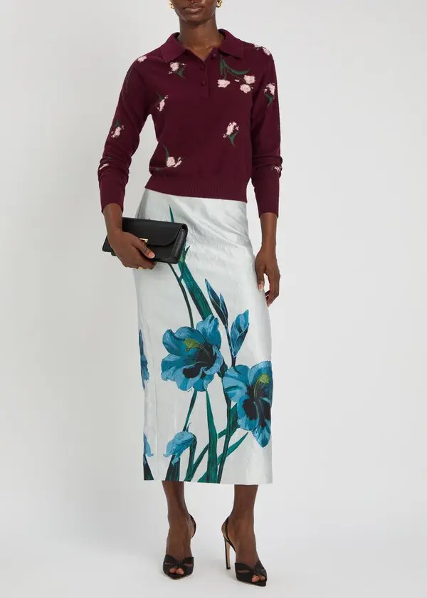 Erdem Floral-print Textured Satin Midi Skirt