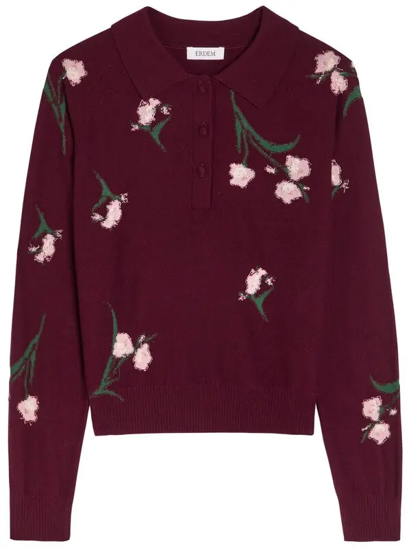 Erdem Floral-intarsia Merino Wool Polo Jumper - Bordeaux