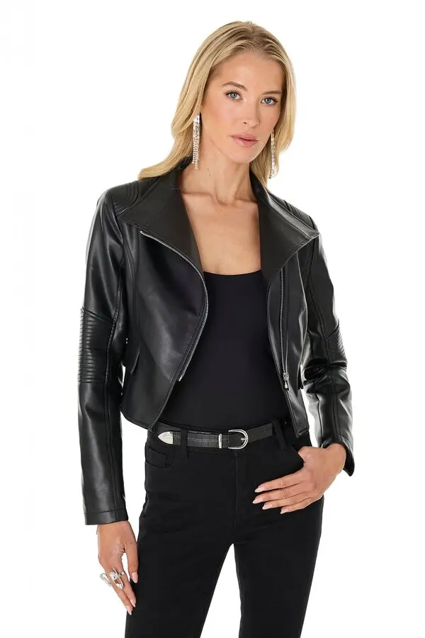 THE NOLI SHOP Katalina Moto Leather Jacket With Asymmetrical Silhouette And Zipper Cuffs