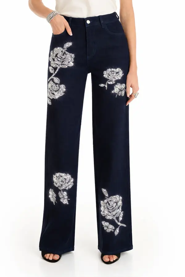 THE NOLI SHOP Kate Crystal Rose Wide Leg Jeans - Indigo