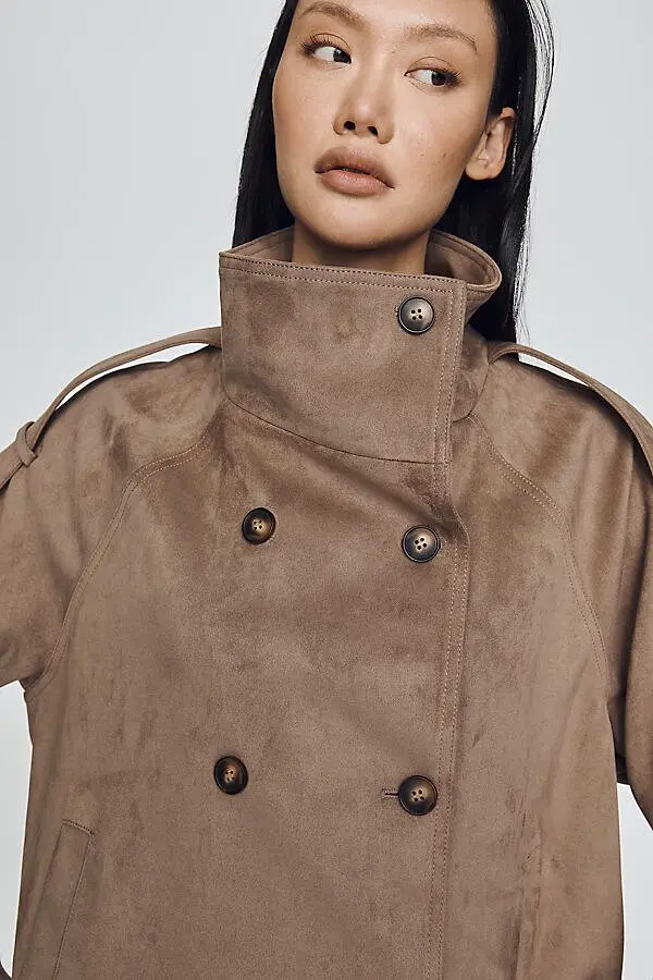 Maeve Funnel-neck Short Trench Coat Jacket - Taupe