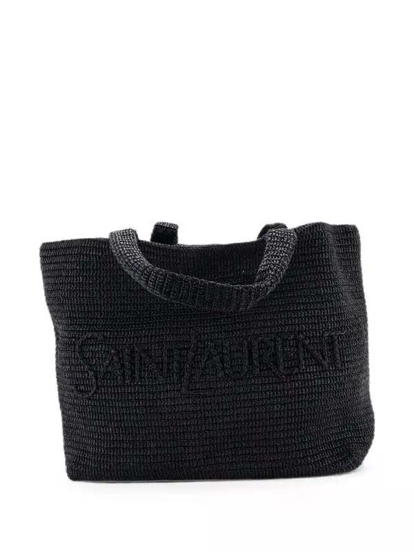 Saint Laurent Logo Embroidered Raffia Tote Bag - Black