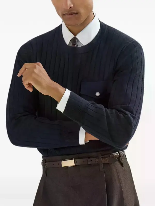 Brunello Cucinelli Cashmere And Silk Ribbed Crew Neck Sweater With Chest Pocket