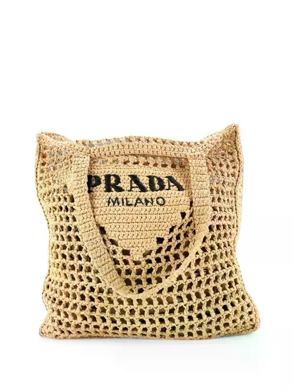 Prada Triangle Logo Open Raffia Tote Bag