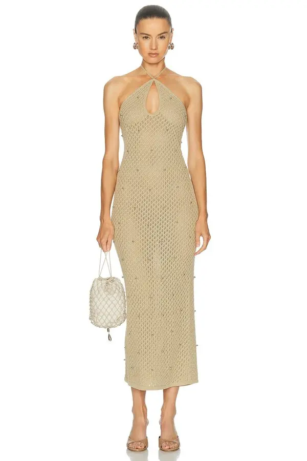 Staud Isola Maxi Dress In Crochet Knit With Embellishments - Natural