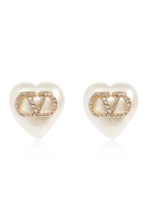 Valentino Garavani Crystal Monogram Heart Stud Earrings - Cream