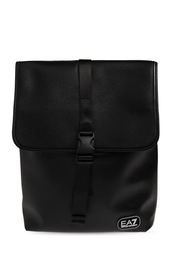 EA7 Leather Backpack With Logo Patch - Black