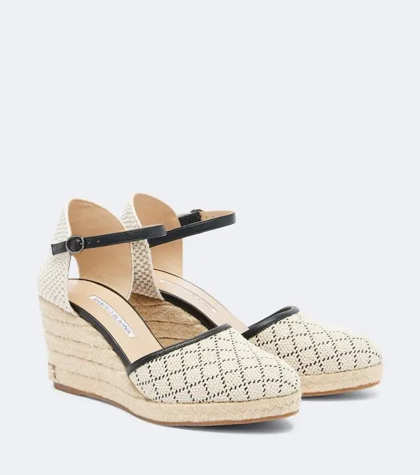 Manolo Blahnik Raffia-effect Espadrille Wedges With Buckle-fastening Ankle Strap - Beige