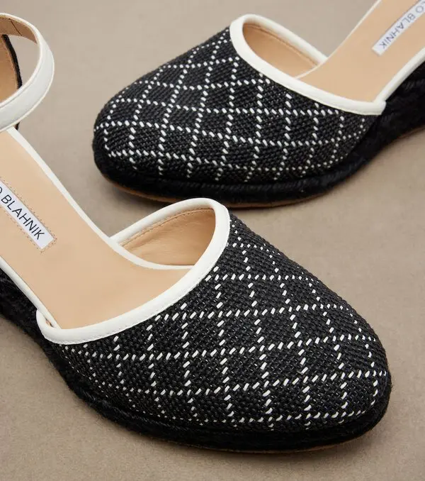 Manolo Blahnik Raffia-effect Espadrille Wedges - Black