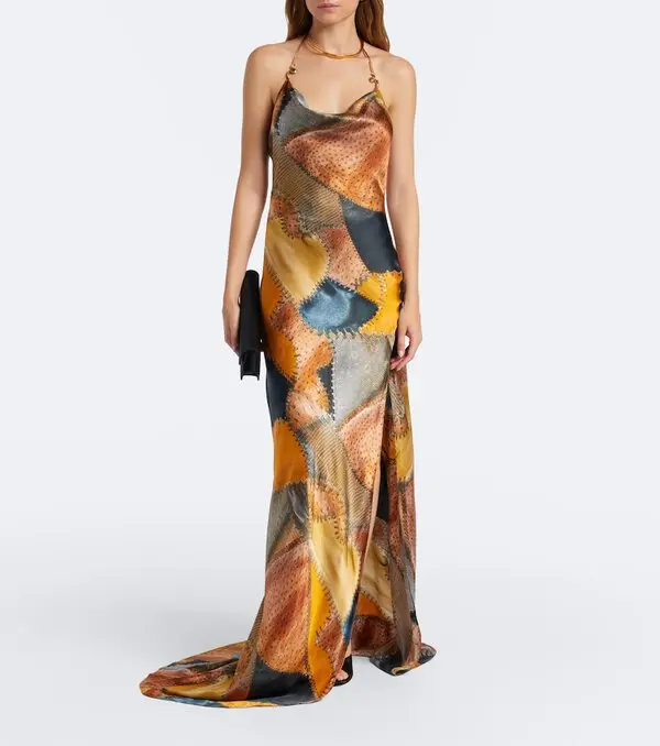 Roberto Cavalli Draped Printed Silk Satin Maxi Dress