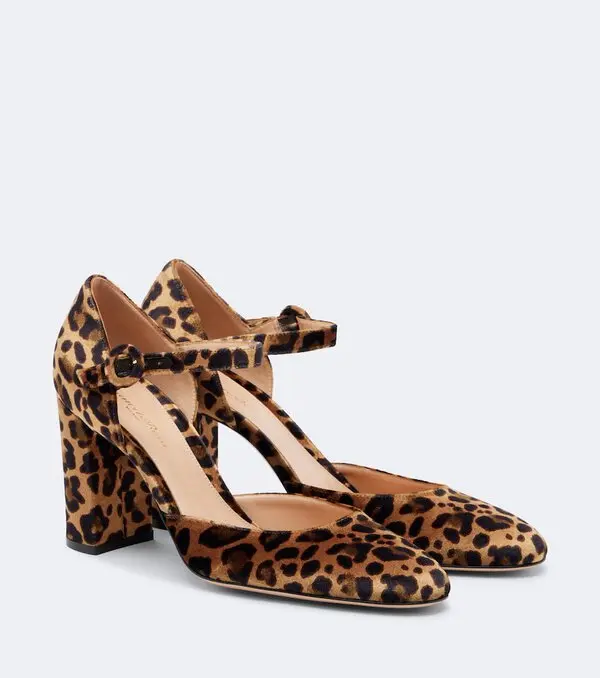 GIANVITO ROSSI Leopard Print Velvet Pumps With Buckle-fastening Ankle Strap - Brown