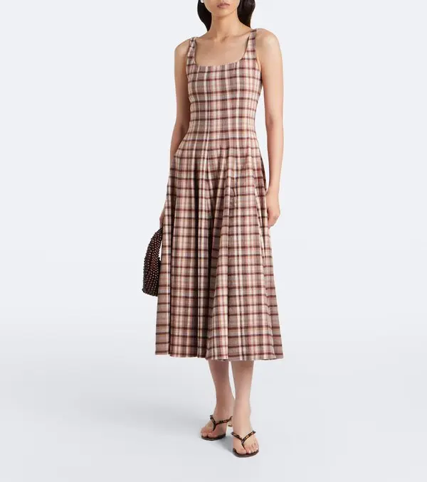Staud Wells Checked Linen-blend Midi Dress - Brown