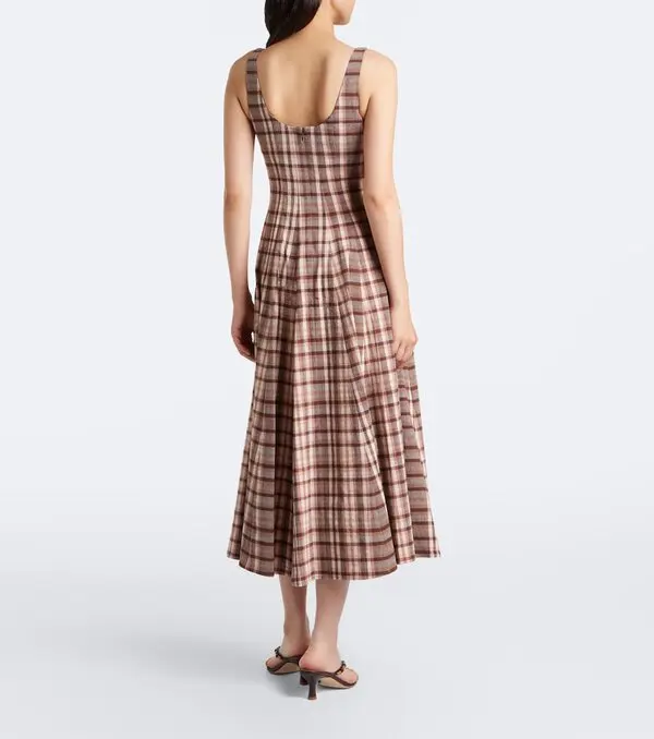 Staud Wells Checked Linen-blend Midi Dress - Brown