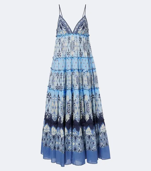 La DoubleJ Nymph Printed Tiered Cotton Maxi Dress - Blue